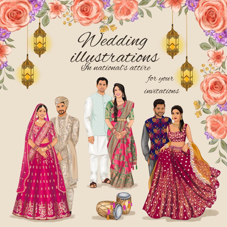 Custom Indian Wedding Illustration, Personalized Couple Portrait From ...