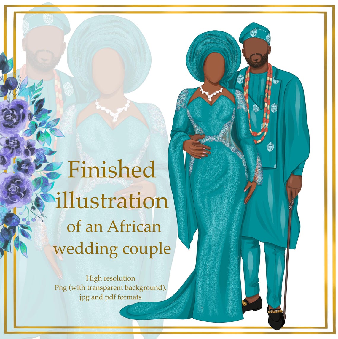 African Wedding Couple Illustration: Custom Invitation Design, Hand ...