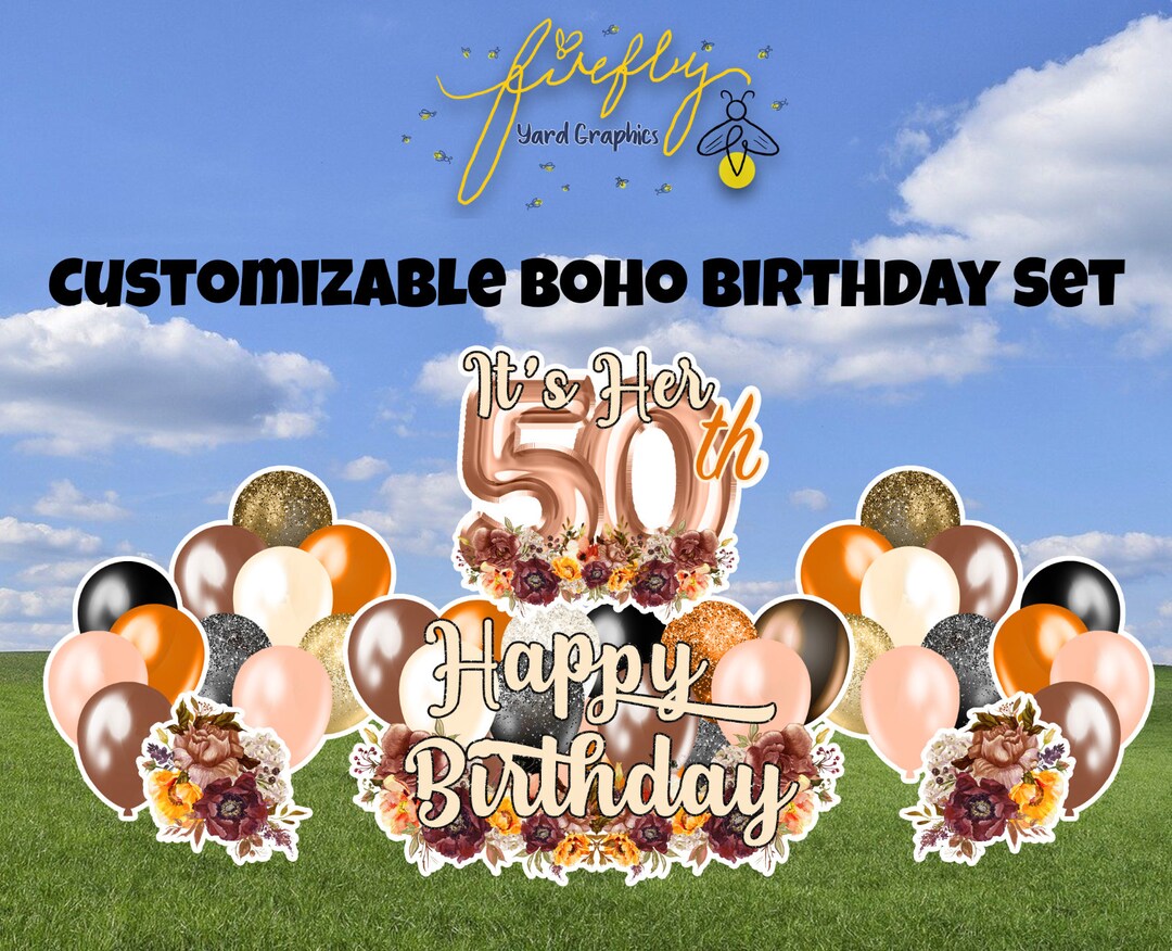 Boho Floral Happy Birthday Sign & Balloons Set Customizable Yard Cards ...