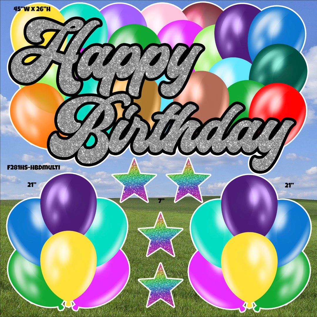 Happy Birthday Sign, Balloons, & Stars Multicolor Yard Card Signs ...