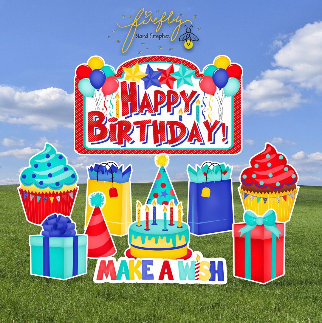 Happy Birthday Red, Blue, Yellow Sign & Flair Red Blue Yellow Yard ...