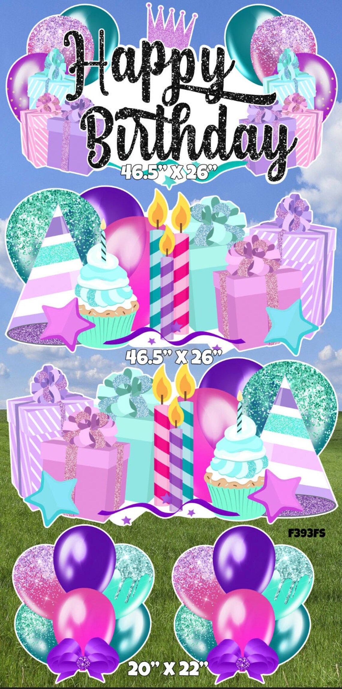 Happy Birthday Purple, Pink, Teal, Aqua Sign & Filers Yard Cards ...
