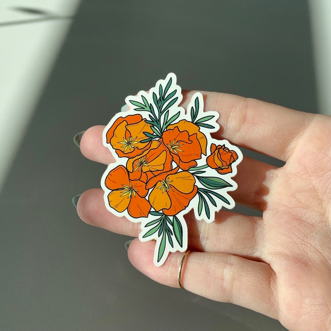 California Poppy Sticker, Vinyl Sticker, Orange Flowers, Waterproof ...