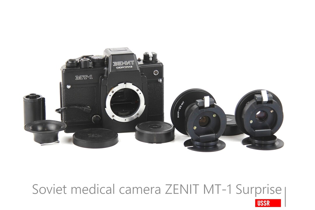 Fotocamera vintage sovietica ZENIT Mt - 1 SURPRIZE ENDOSCOPE Obiettivo ...