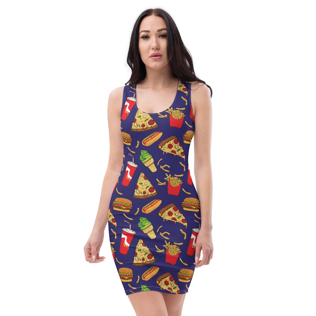 Fast Food Fitted Dress Hamburger Stretch Fitted Dress Women's Pizza ...