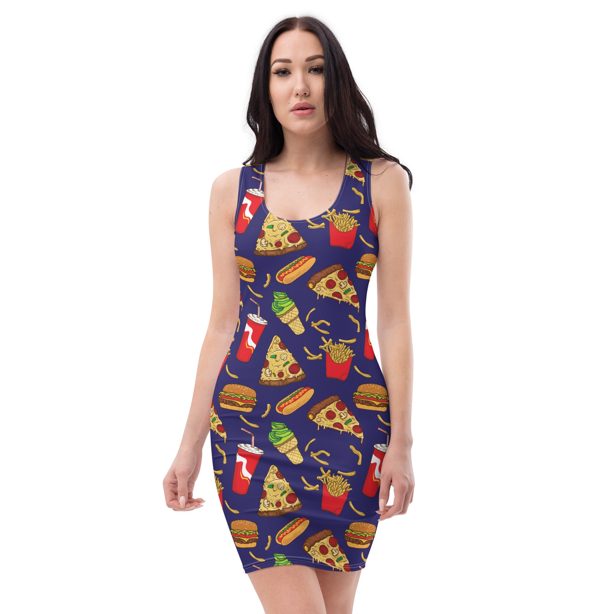 Fast Food Fitted Dress Hamburger Stretch Fitted Dress Women's Pizza ...