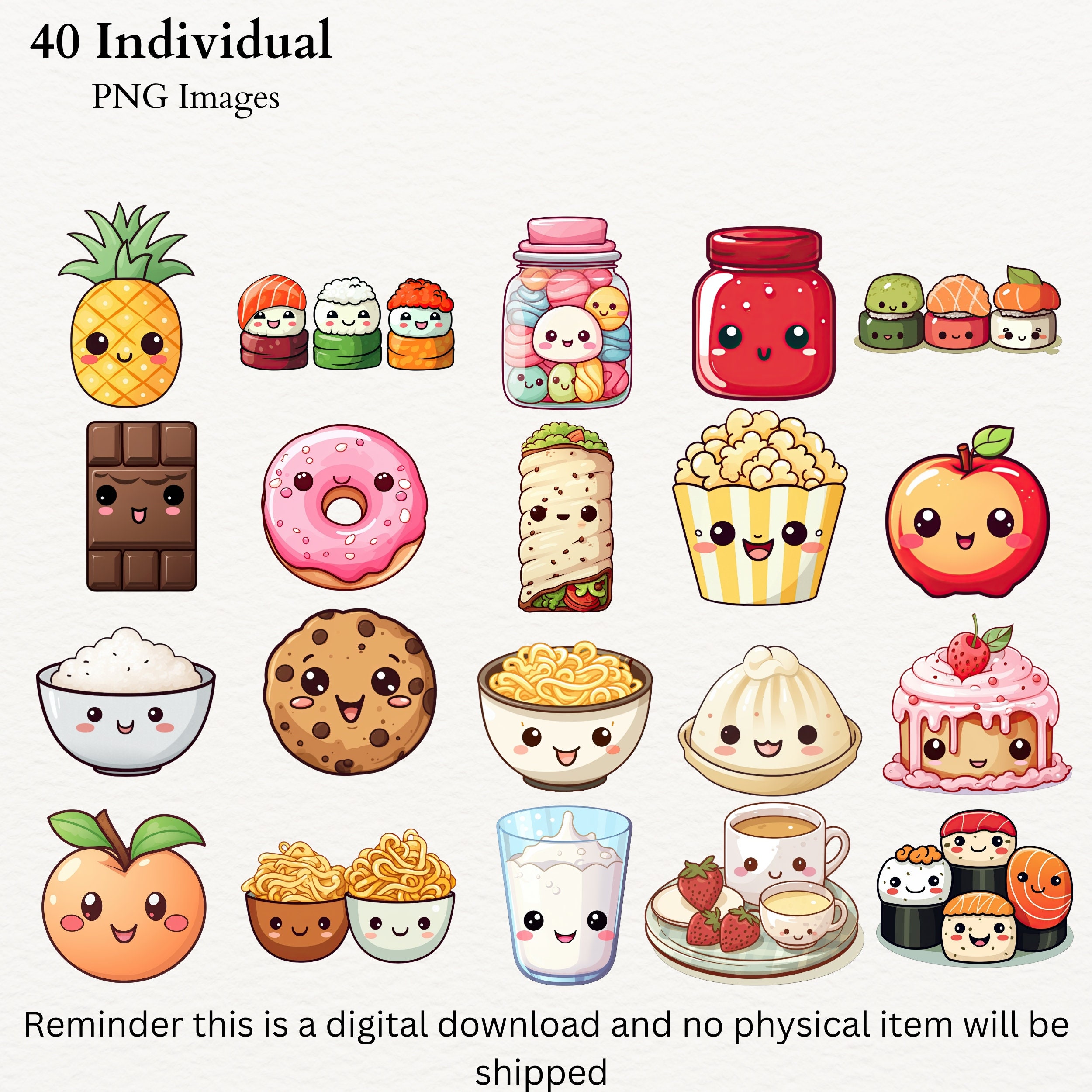 Cute Kawaii Food Stickers Clipart Bundle, Digital Printable Stickers ...