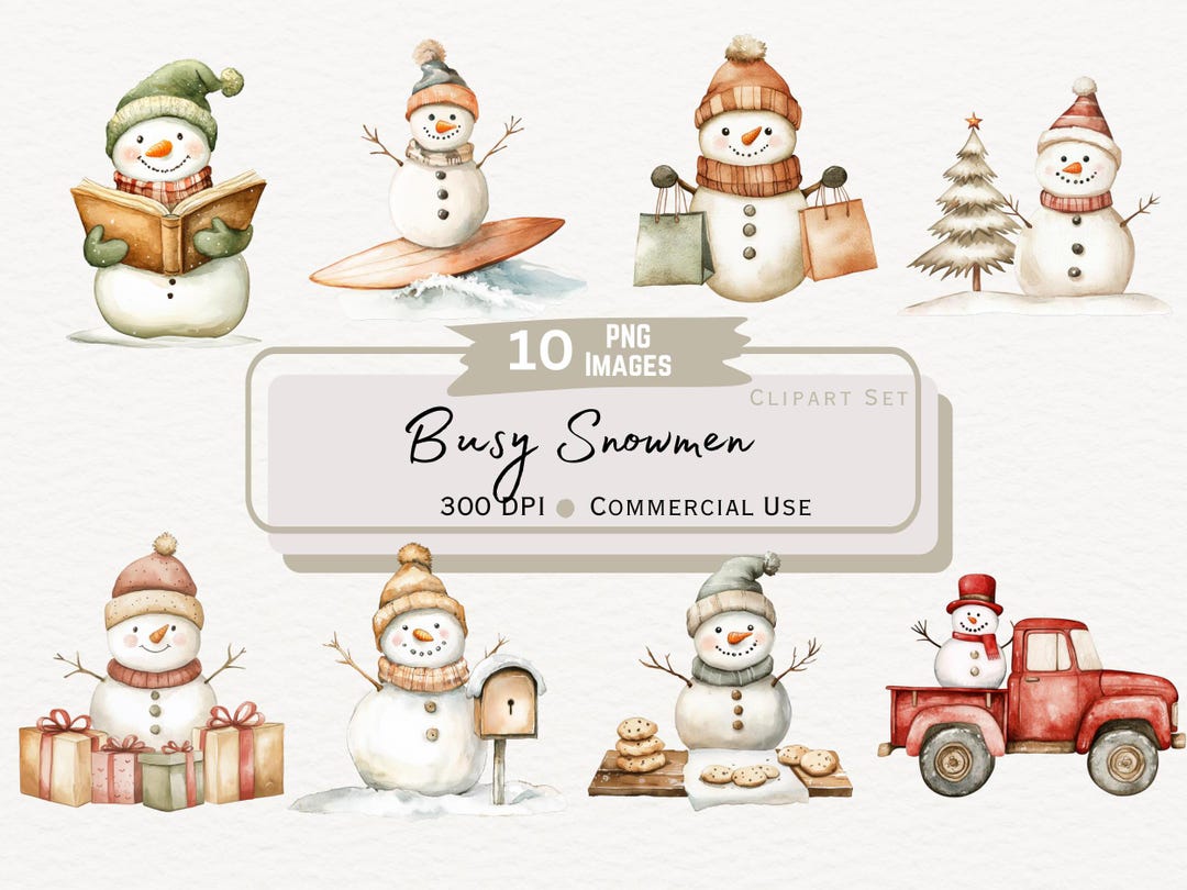 Cute Busy Snowmen Watercolor Clipart Bundle, Cozy Boho Christmas Winter ...
