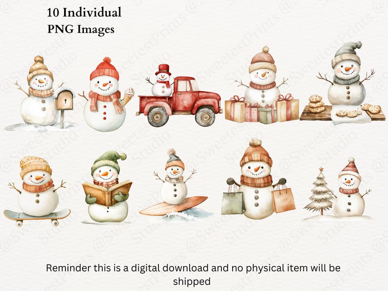 Cute Busy Snowmen Watercolor Clipart Bundle, Cozy Boho Christmas Winter ...