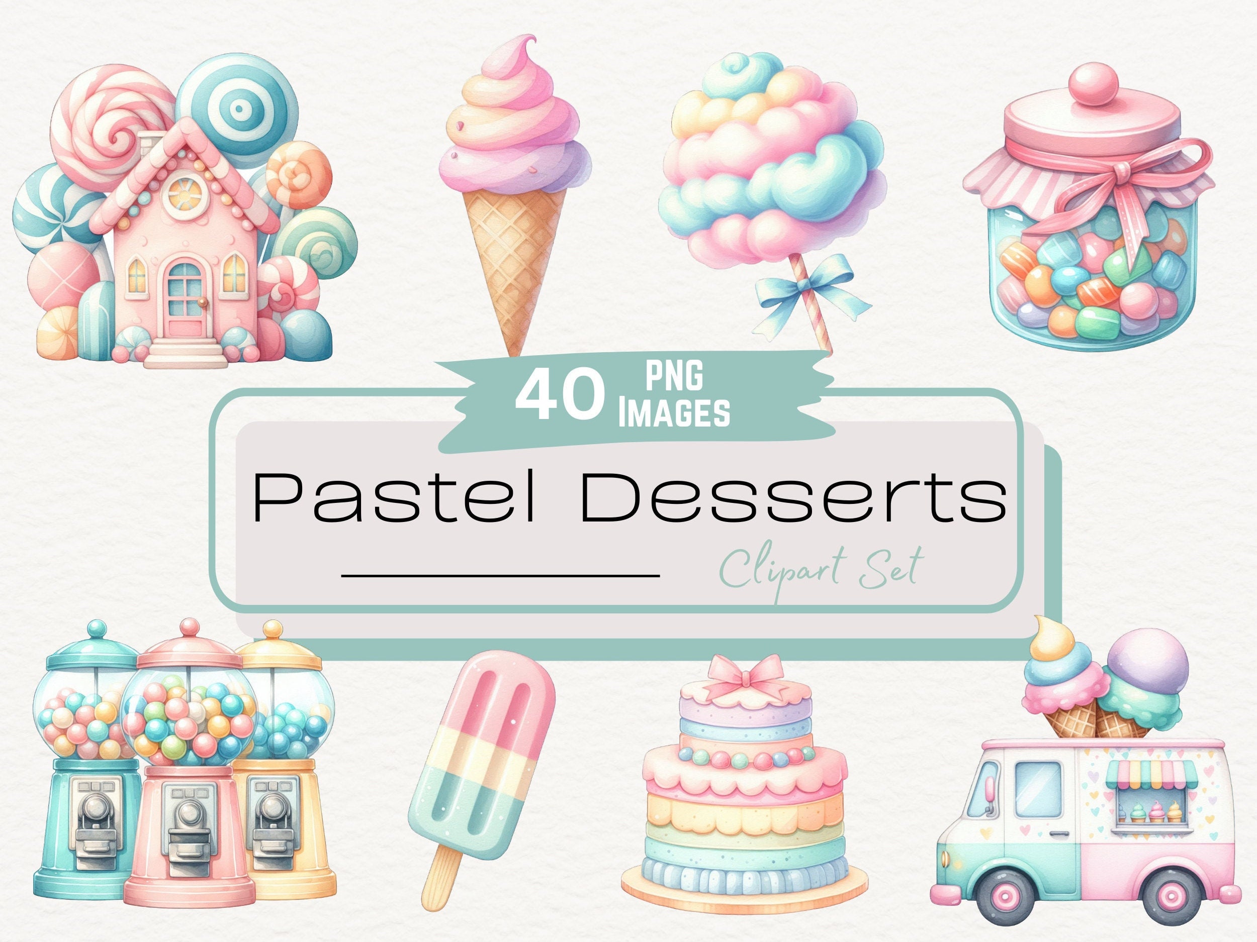 Watercolor Cute Pastel Dessert Clipart Bundle, Colorful Candy Pastry ...
