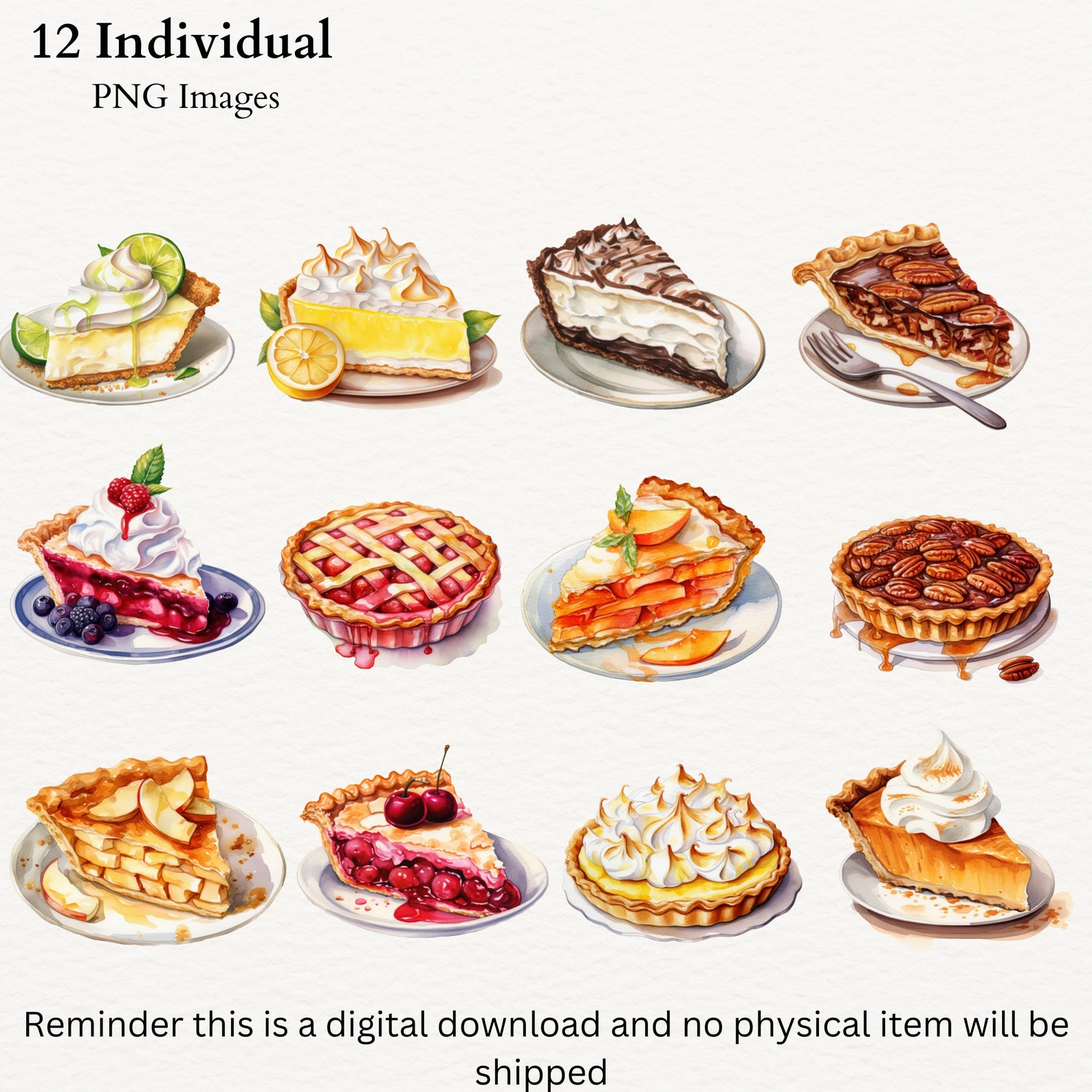 Dessert Pie Watercolor Clipart PNG Bundle, Food Clipart Bundle, Baking ...