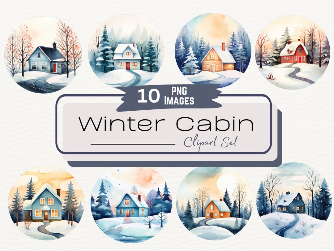 Watercolor Winter Cabin Clipart Bundle, Rustic Snow Cottage Scene ...