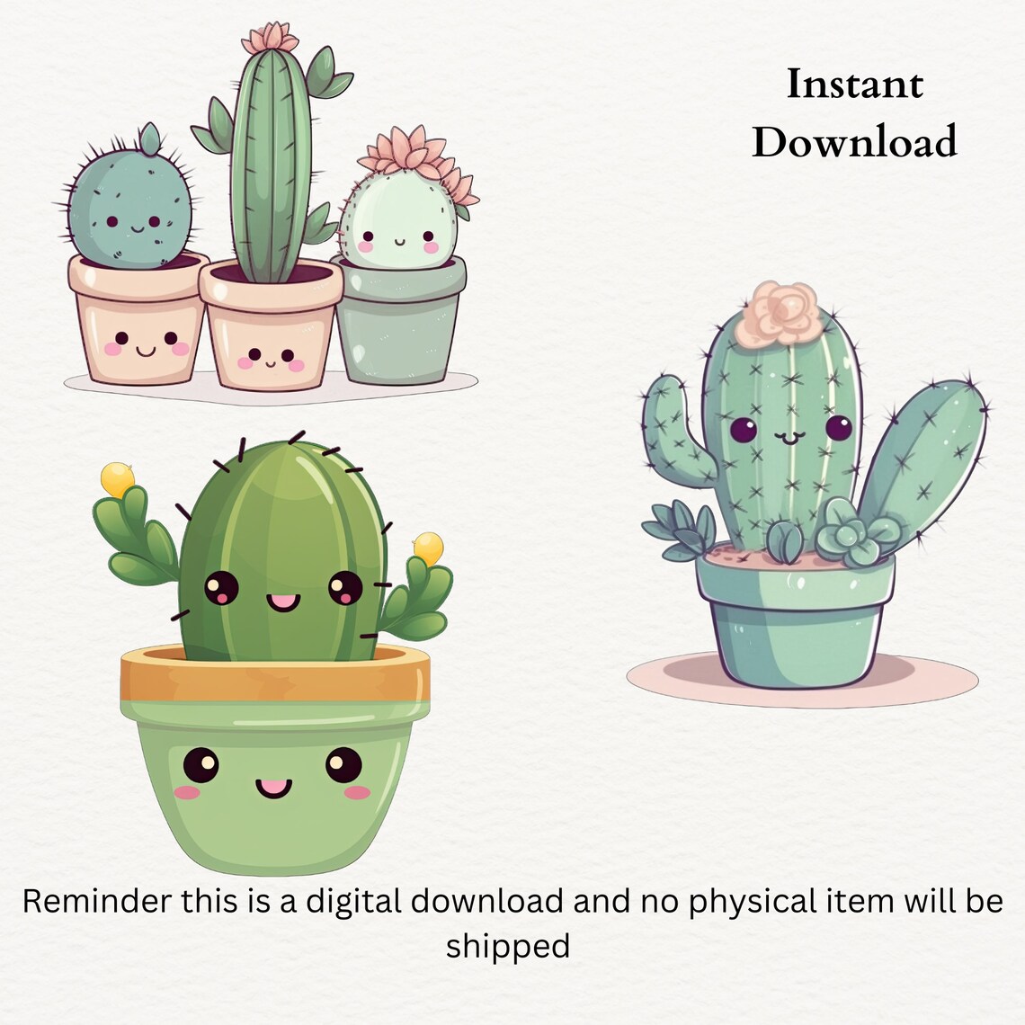 Cute Kawaii Cactus Clipart, Cacti Succulents PNG Bundle, Adorable ...