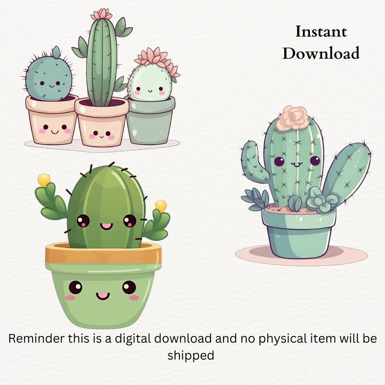 Cute Kawaii Cactus Clipart, Cacti Succulents PNG Bundle, Adorable ...