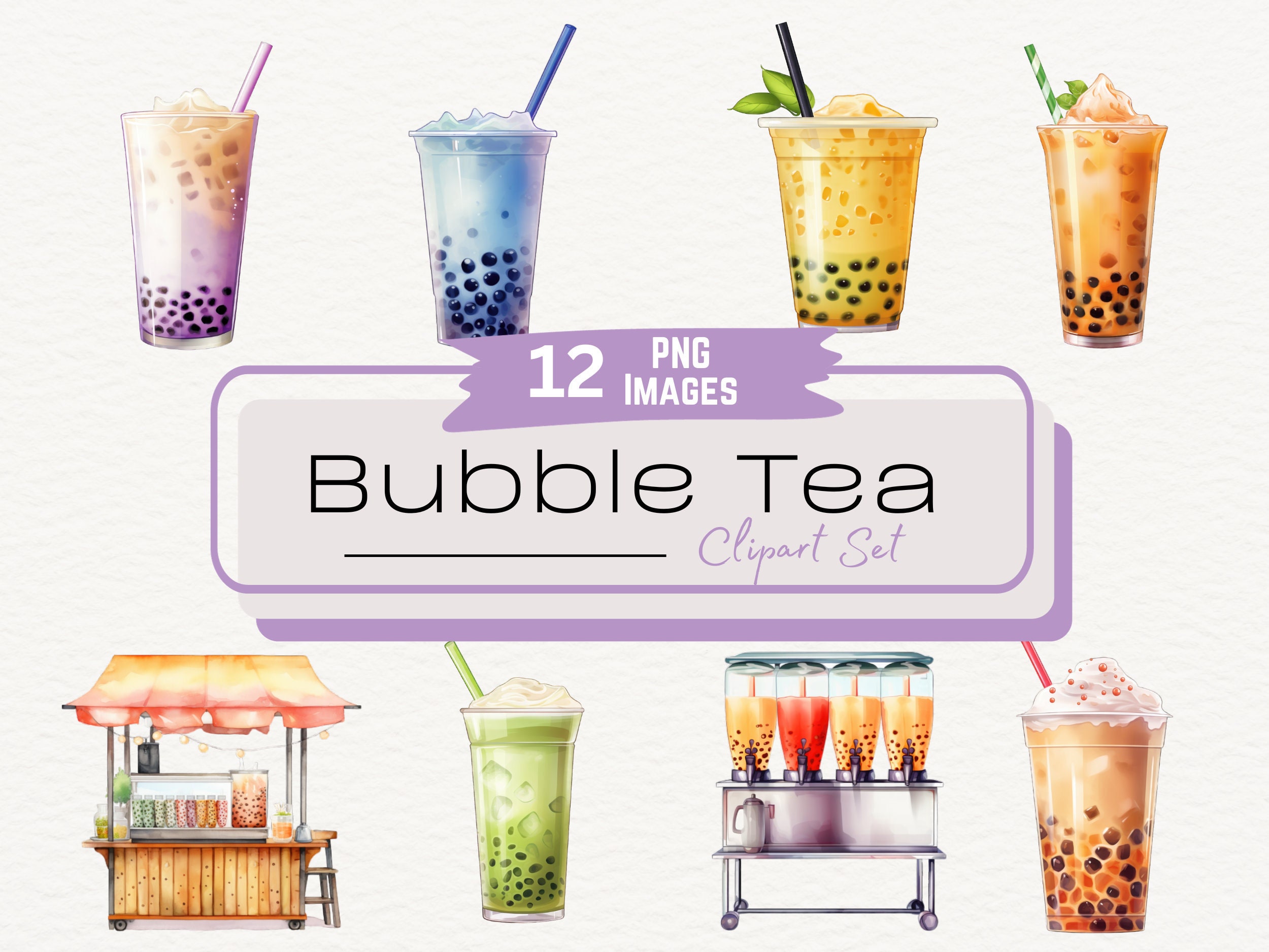 Watercolor Bubble Tea Kawaii Clipart, Cute Boba Tea Digital ...