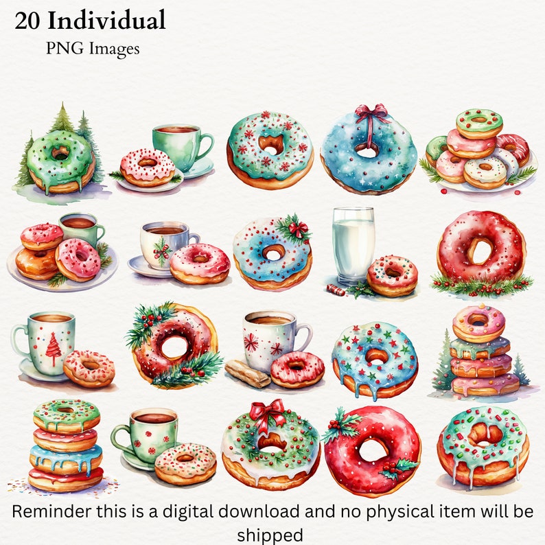 Christmas Donut Watercolor Clipart, Holiday Breakfast Illustration ...