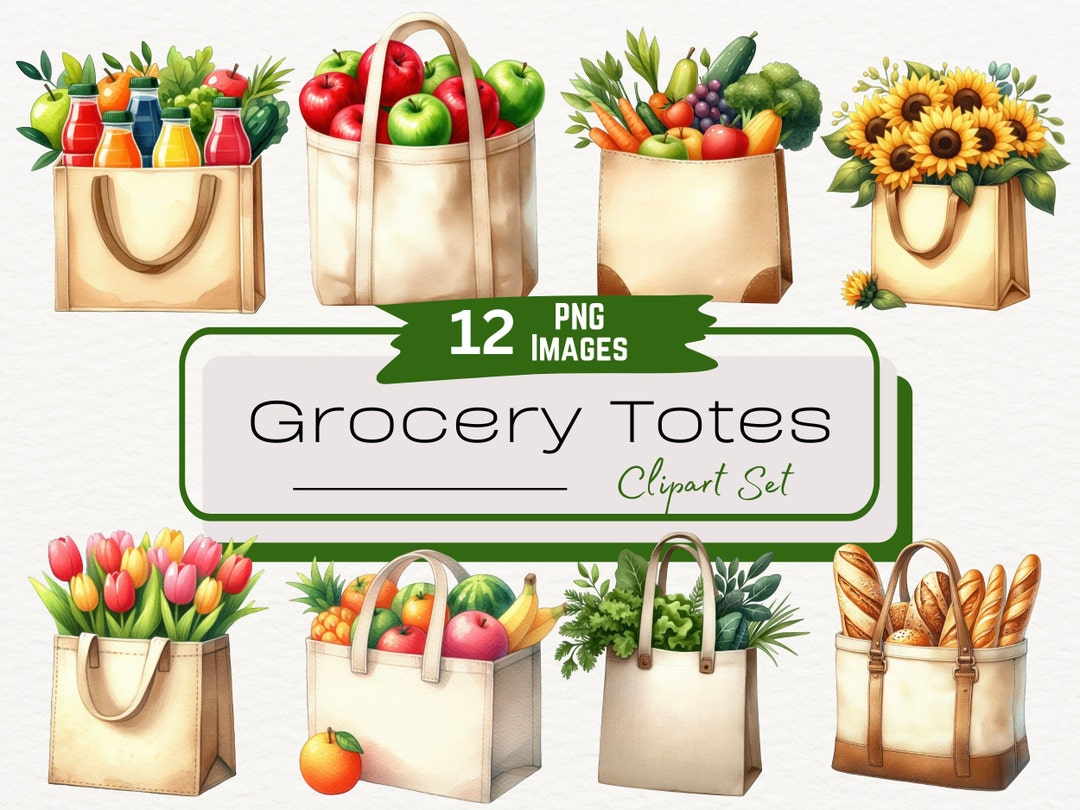 Watercolor Grocery Tote Clipart Bundle, Farmhouse Gardening, Healthy ...