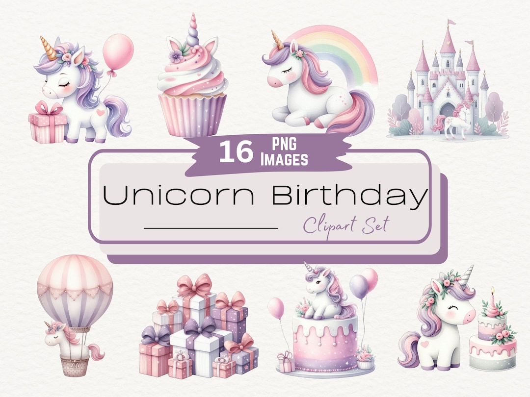 Watercolor Cute Pastel Unicorn Birthday Clipart Bundle, Magical Party ...