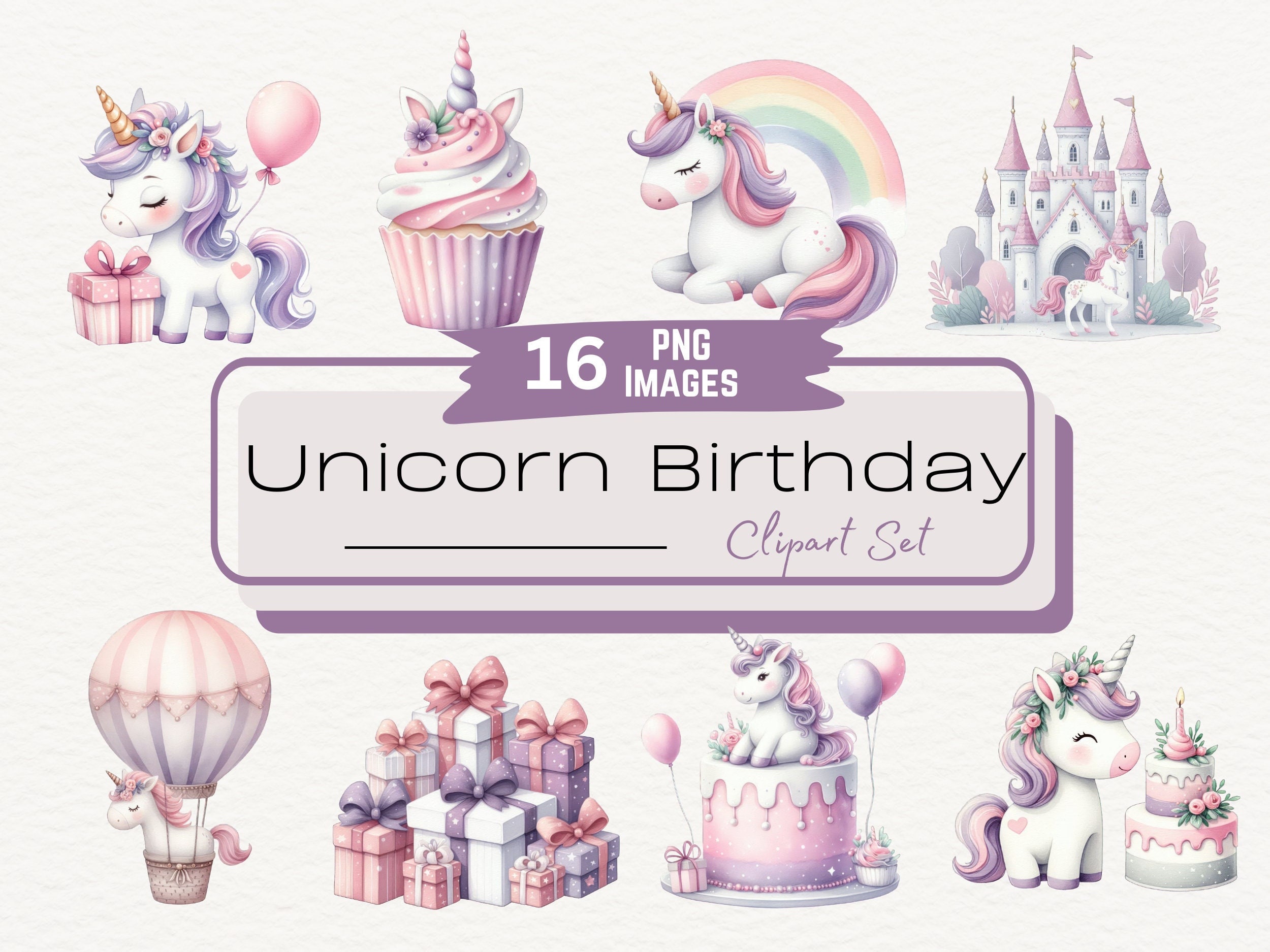 Watercolor Cute Pastel Unicorn Birthday Clipart Bundle, Magical Party ...