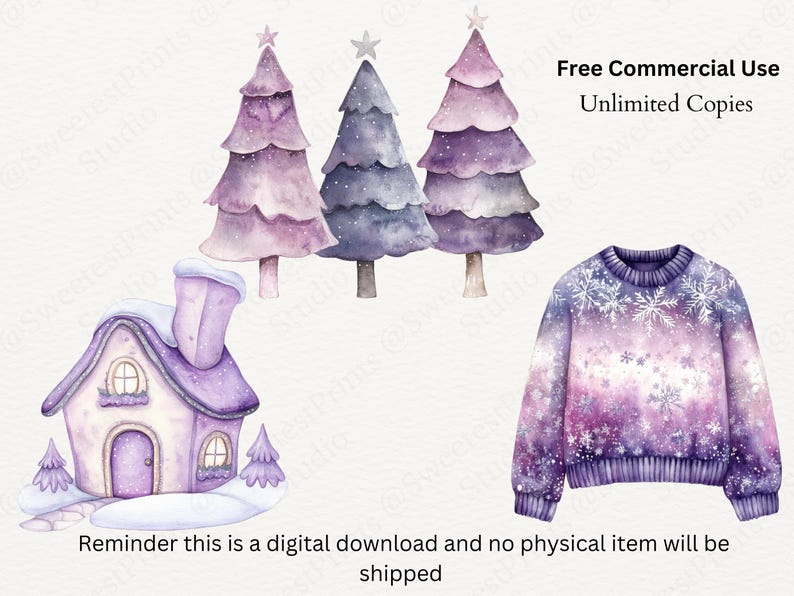 Adorable Purple Christmas Clipart Bundle, Winter Holiday Village ...