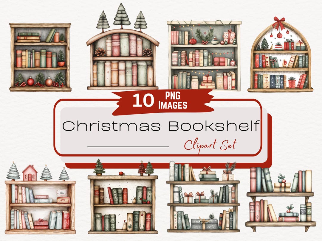 Watercolor Christmas Bookshelf Clipart Bundle, Vintage Winter Holiday ...