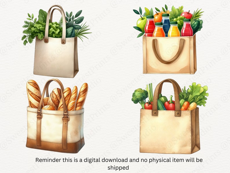 Watercolor Grocery Tote Clipart Bundle, Farmhouse Gardening, Healthy ...