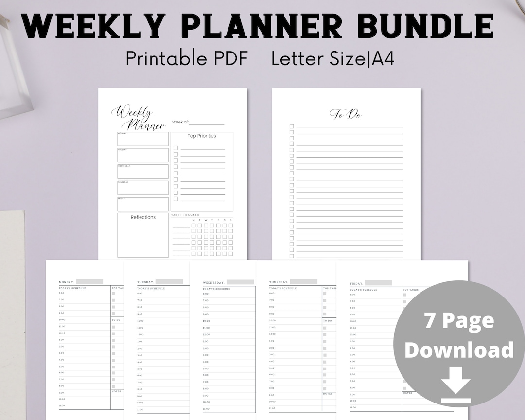 Daily Planner Printable Bundle | 5 Day Hourly Planner| Monday Though ...