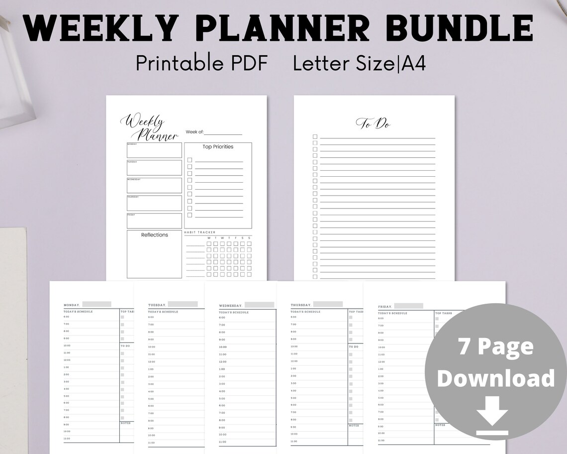 Daily Planner Printable Bundle 5 Day Hourly Planner Monday Though ...
