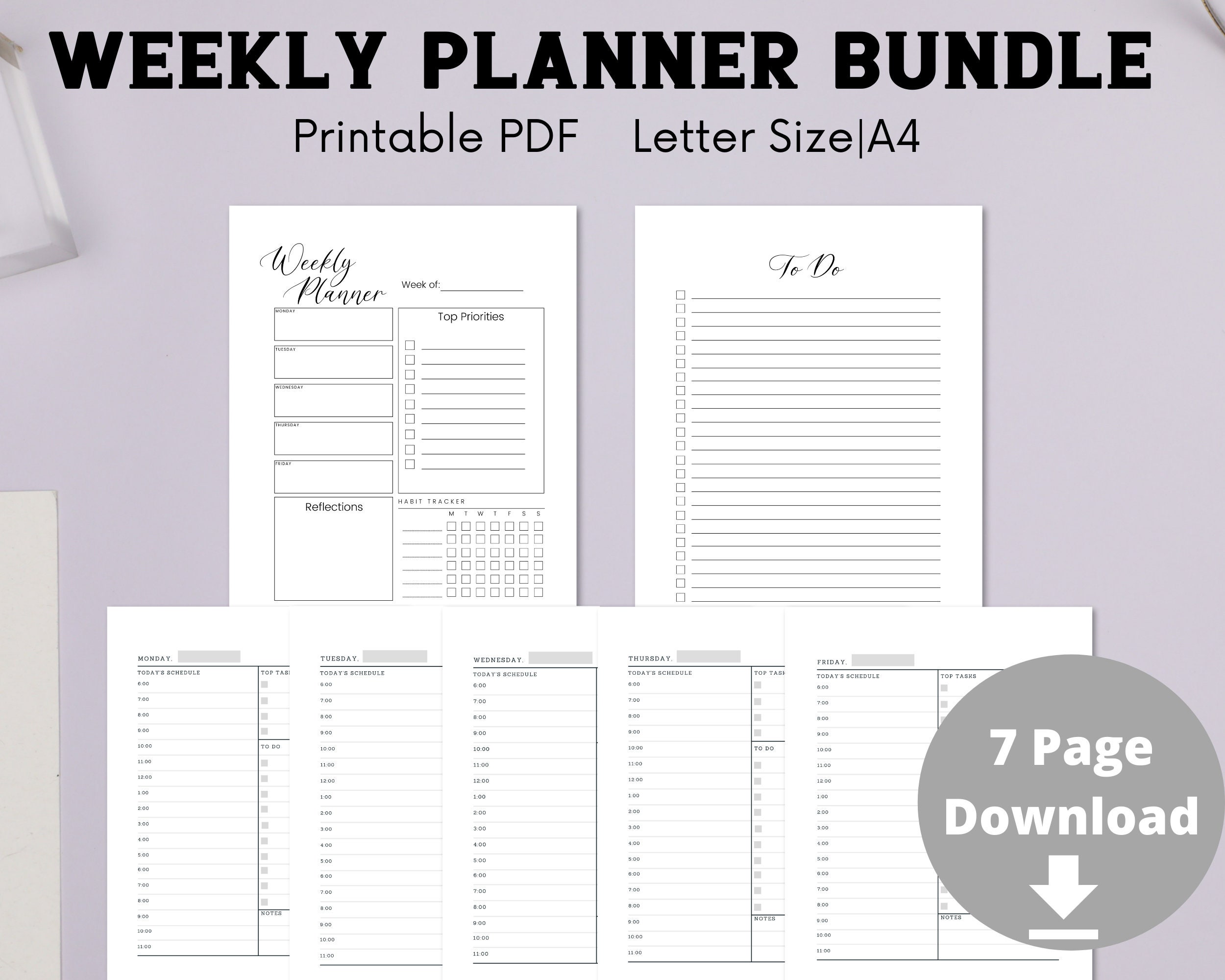 Daily Planner Printable Bundle 5 Day Hourly Planner Monday Though ...