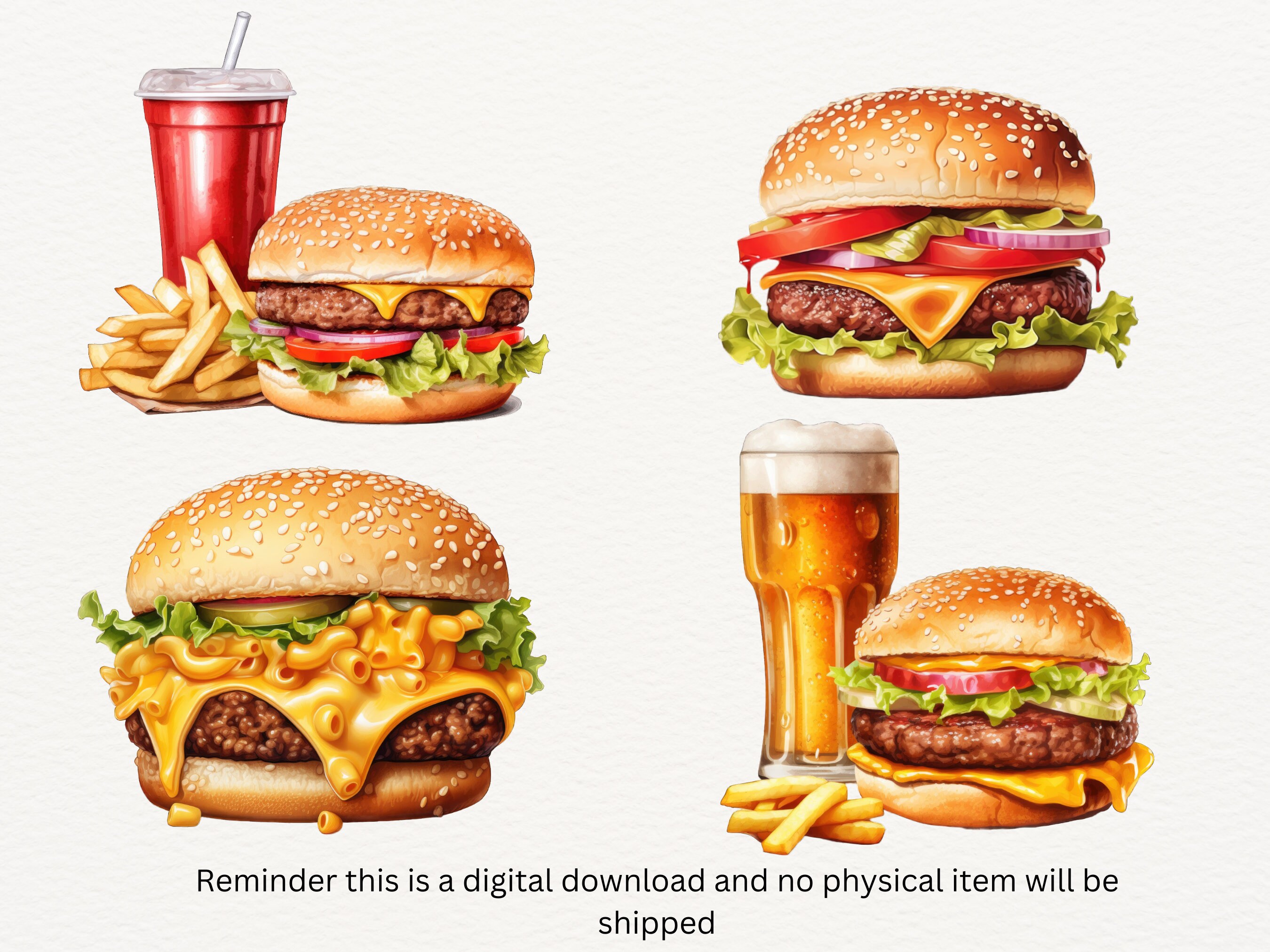 Watercolor Hamburger Clipart, Digital Food Art Illustration, Fast Food ...