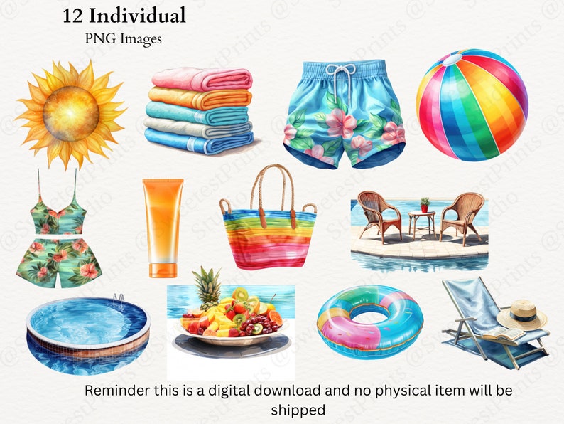 Watercolor Summer Pool Day Clipart Bundle, Vacation Pool Party Digital ...