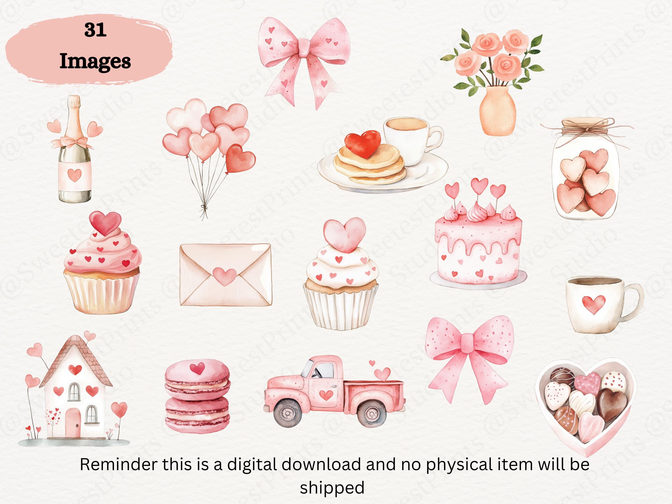 Cute Valentine's Day Watercolor Clipart Bundle, Boho Romantic Love ...