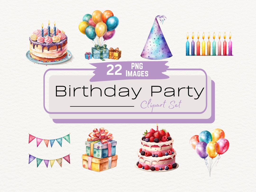 Cute Birthday Party Watercolor Clipart Bundle, Festive Celebration ...