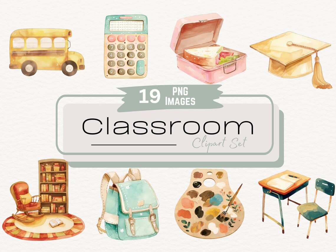 Cute Classroom Watercolor Clipart Bundle, Back to School Digital ...