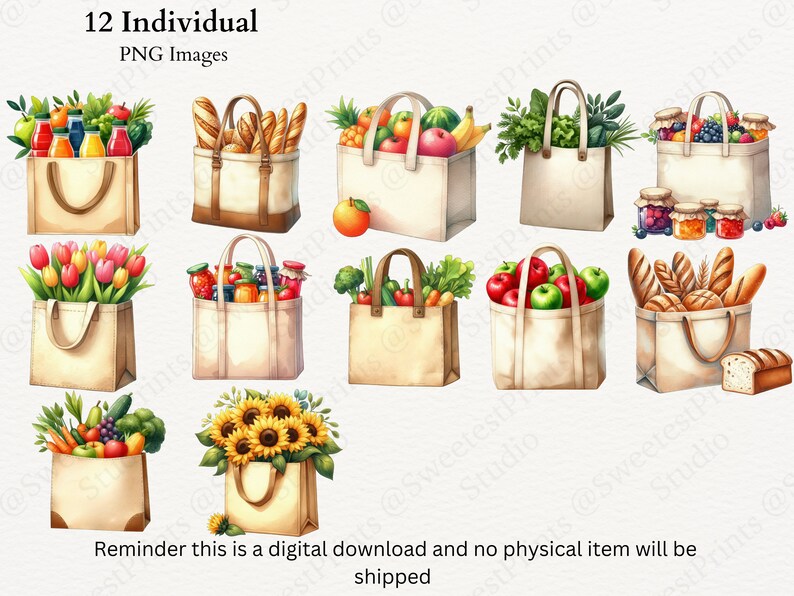 Watercolor Grocery Tote Clipart Bundle, Farmhouse Gardening, Healthy ...