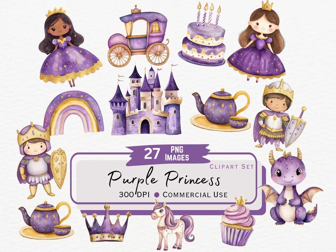Cute Watercolor Purple Princess Clipart Bundle, Magical Fairytale Royal ...