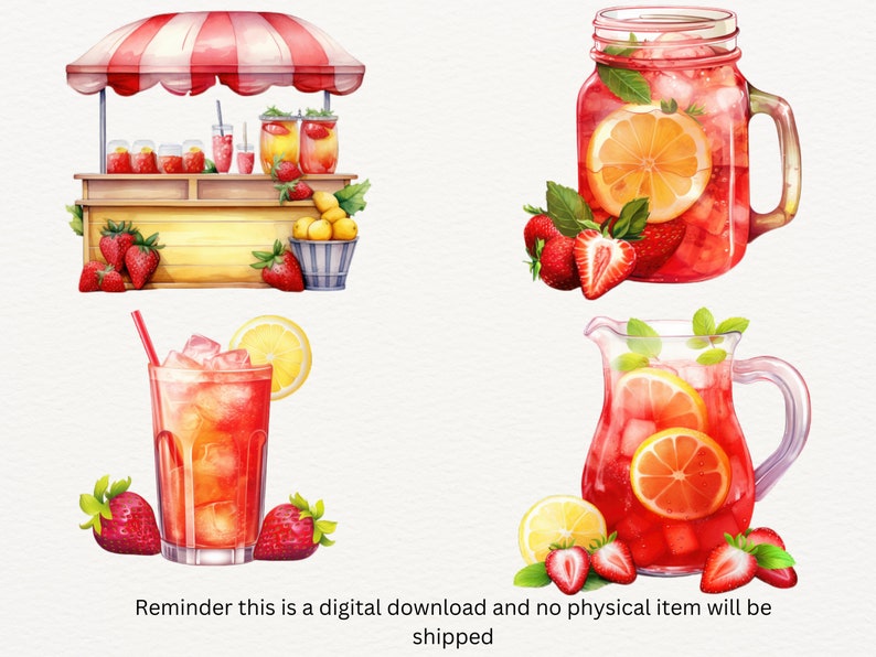Watercolor Strawberry Lemonade Clipart Bundle, Refreshing Summer Drinks ...
