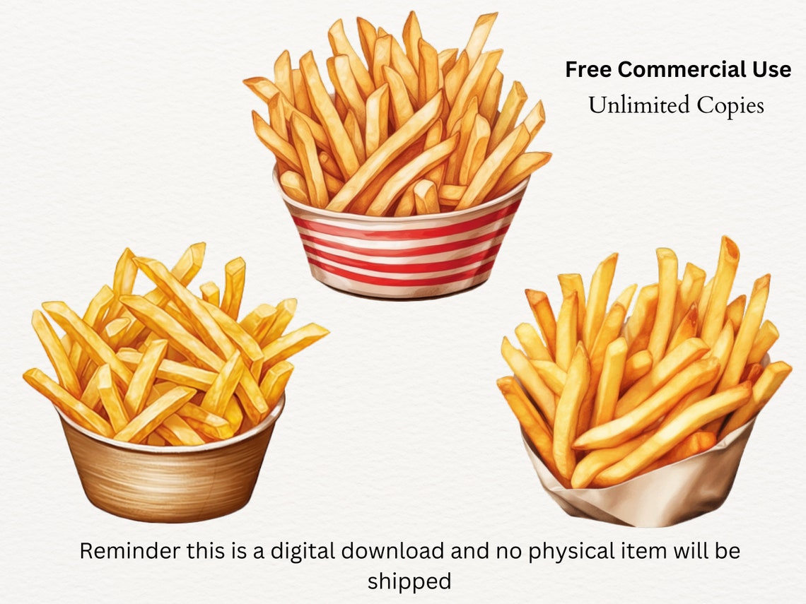 French Fries Watercolor Clipart Bundle, Fast Food Digital Illustration ...