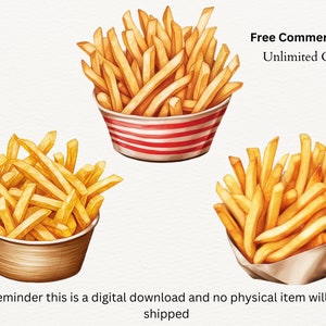 French Fries Watercolor Clipart Bundle, Fast Food Digital Illustration ...