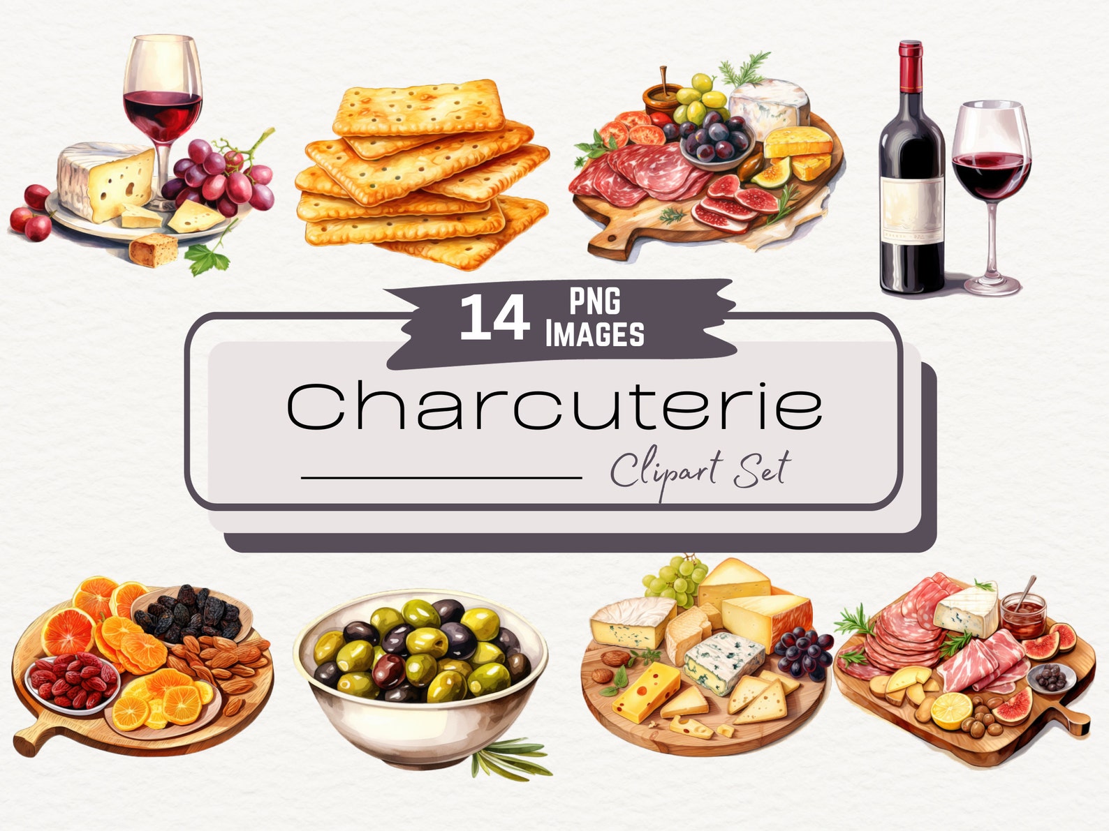 Watercolor Charcuterie Board Clipart Bundle, Artisan Meat and Cheese ...