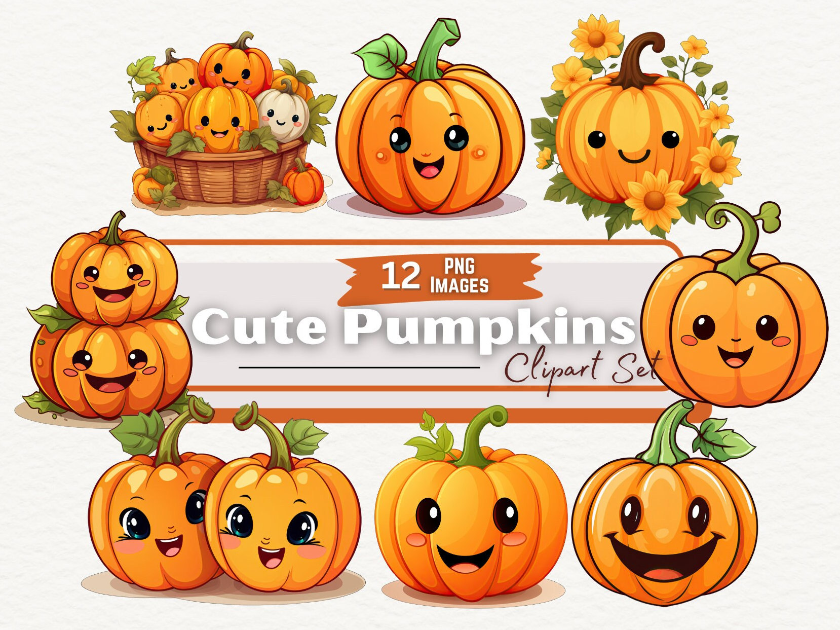 Cute Watercolor Pumpkin Clipart, Kawaii Pumpkin Patch Clipart, Fall ...