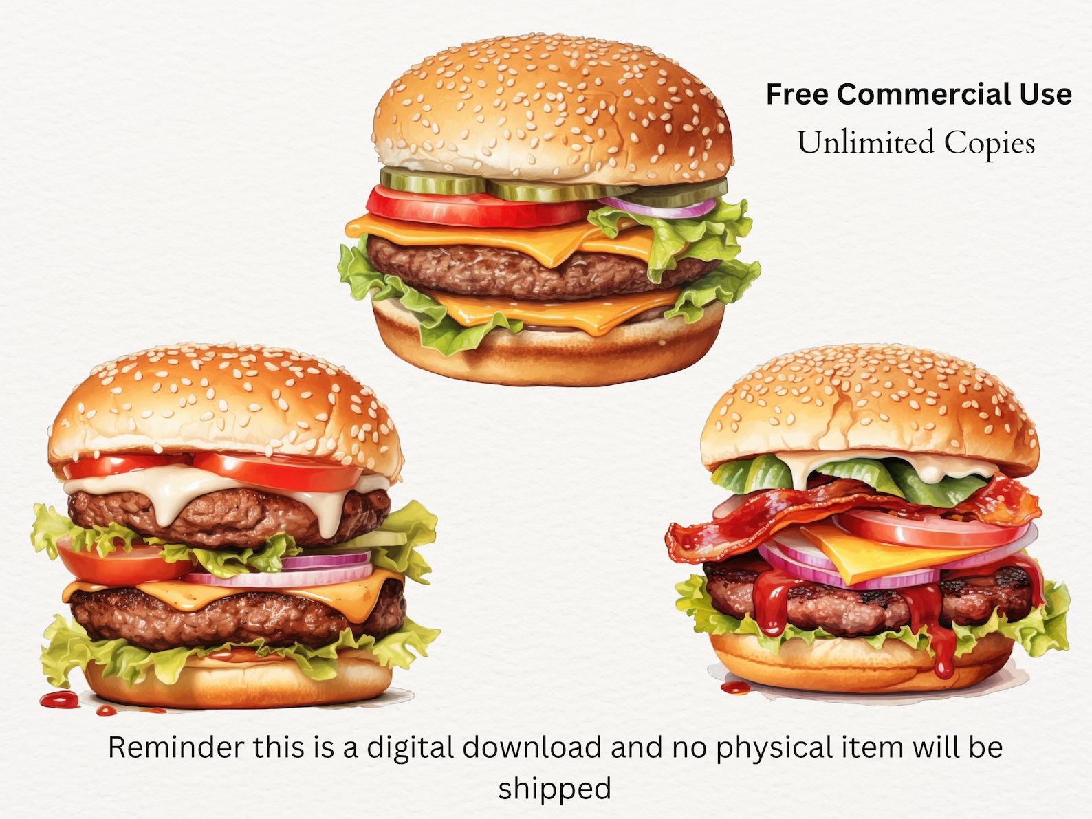 Watercolor Hamburger Clipart, Digital Food Art Illustration, Fast Food ...