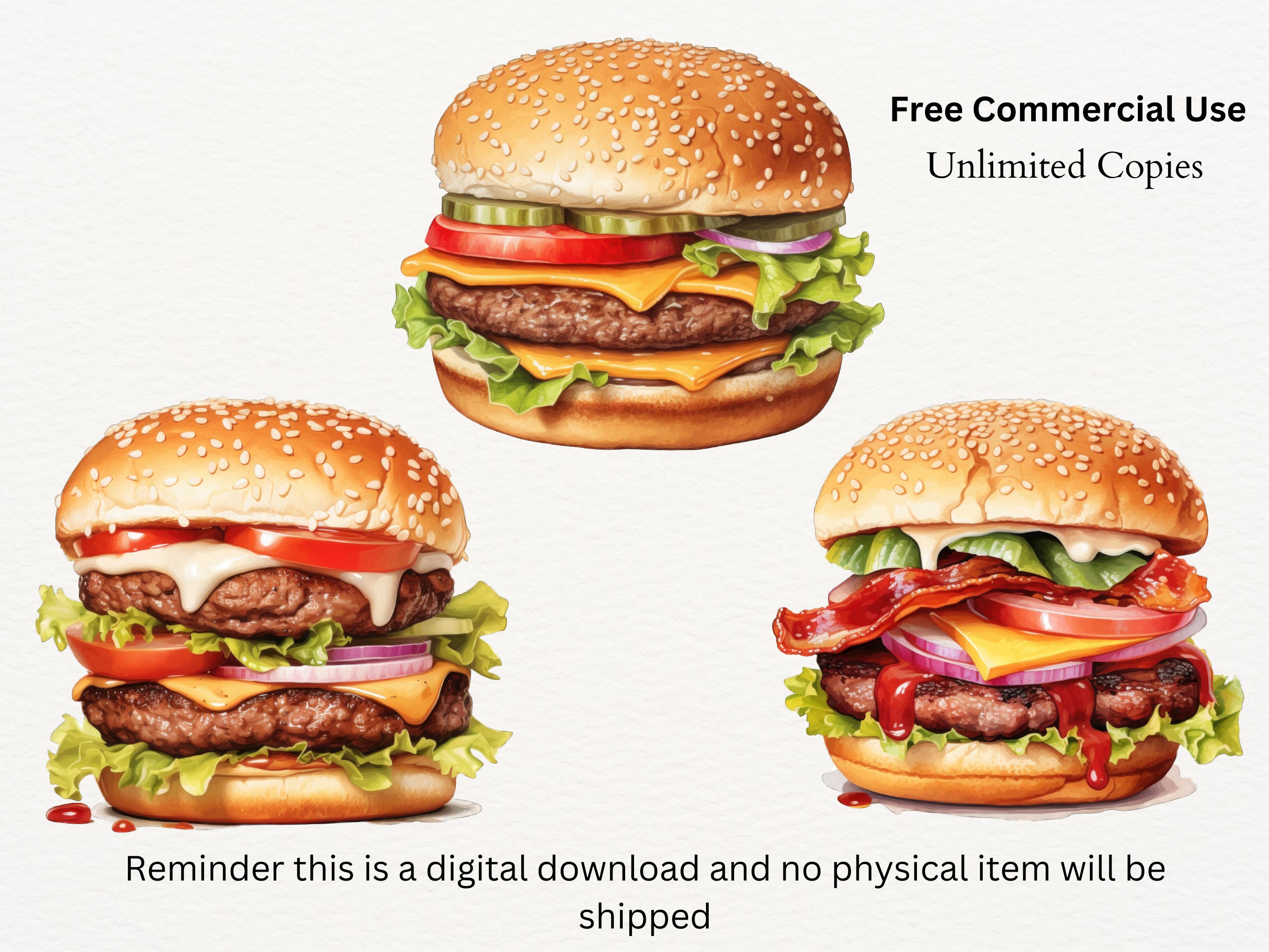Watercolor Hamburger Clipart, Digital Food Art Illustration, Fast Food ...