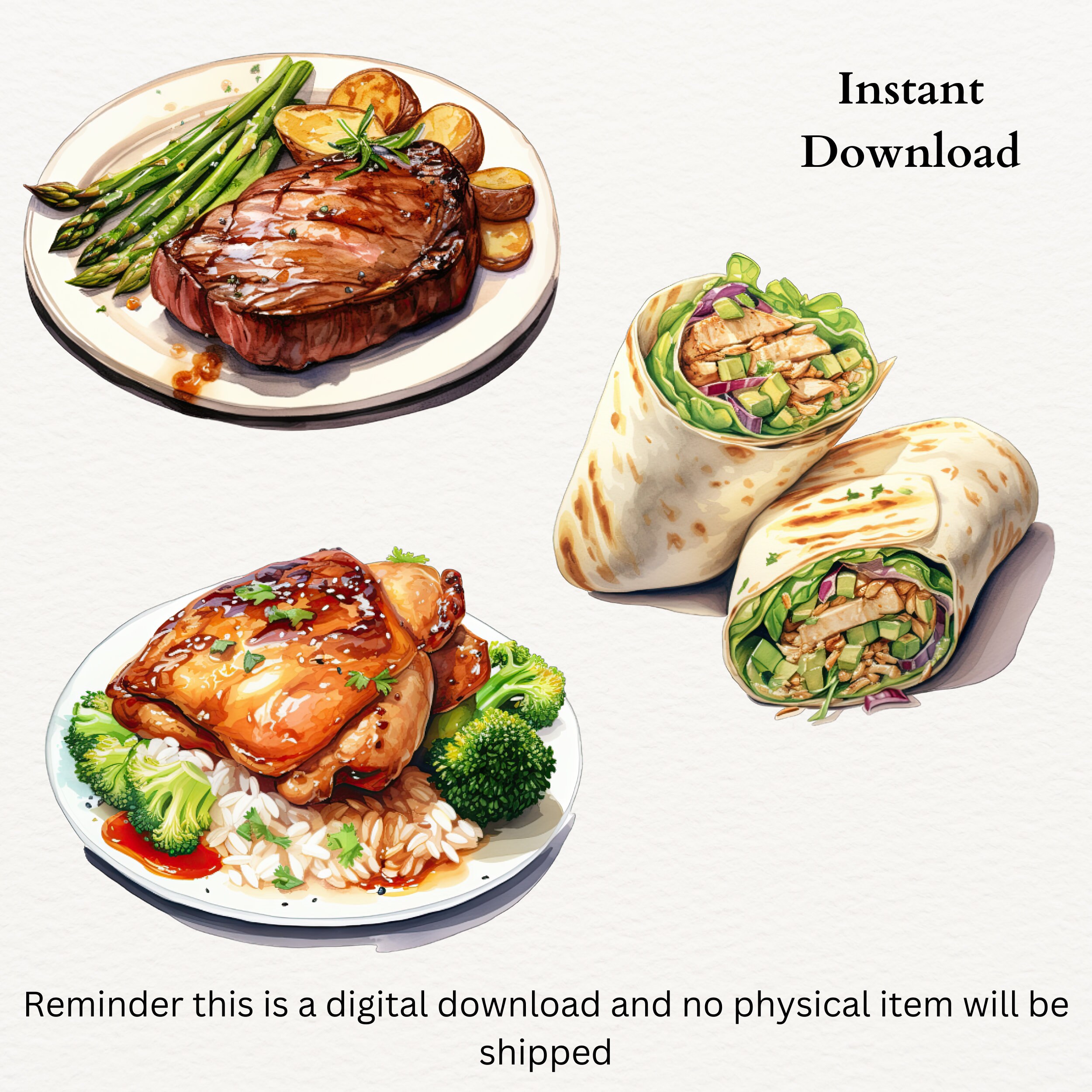 Healthy Meal Illustration Watercolor Clipart, 17 Food Art Illustrations ...