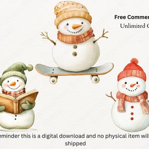 Cute Busy Snowmen Watercolor Clipart Bundle, Cozy Boho Christmas Winter ...
