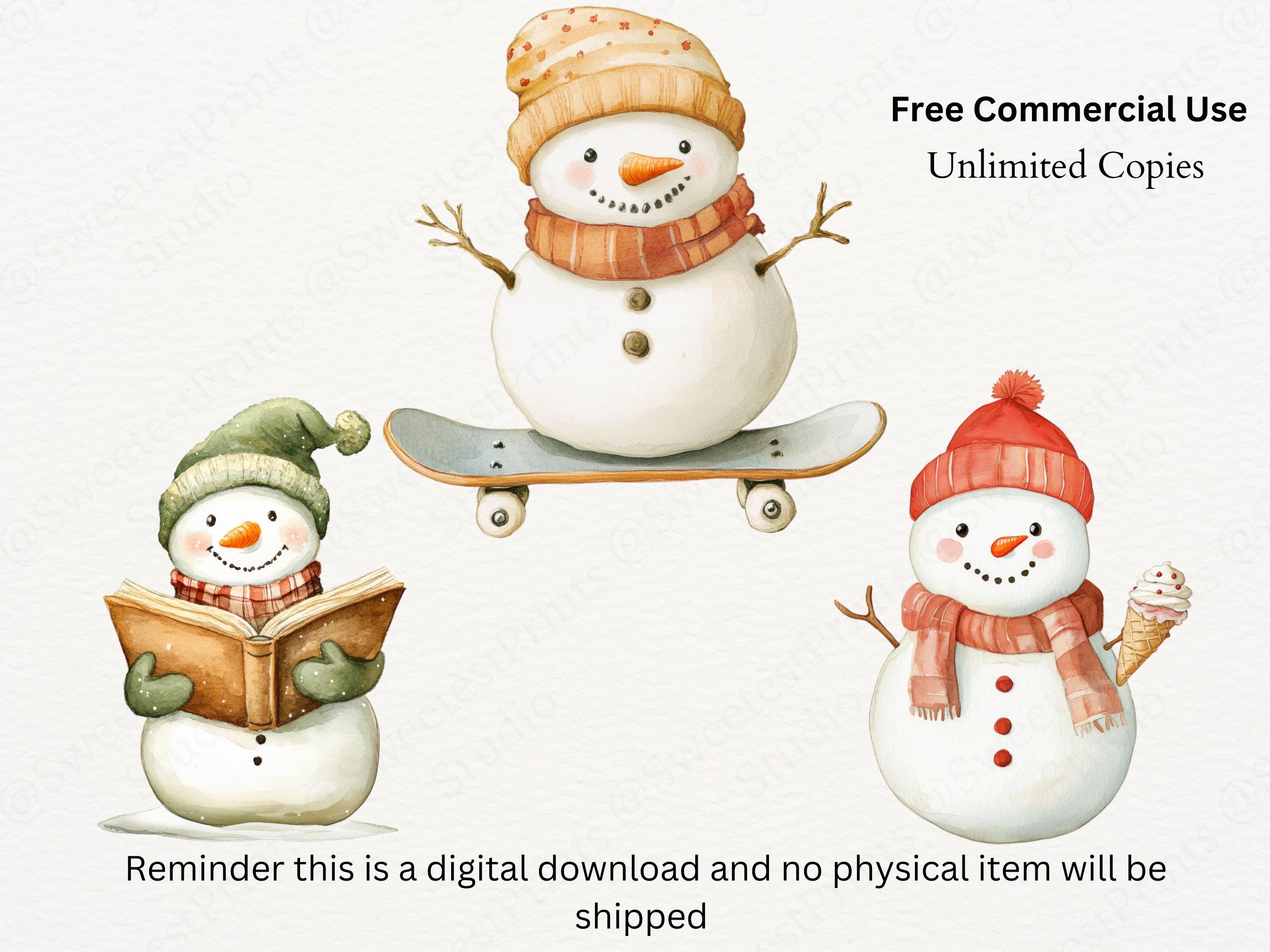 Cute Busy Snowmen Watercolor Clipart Bundle, Cozy Boho Christmas Winter ...