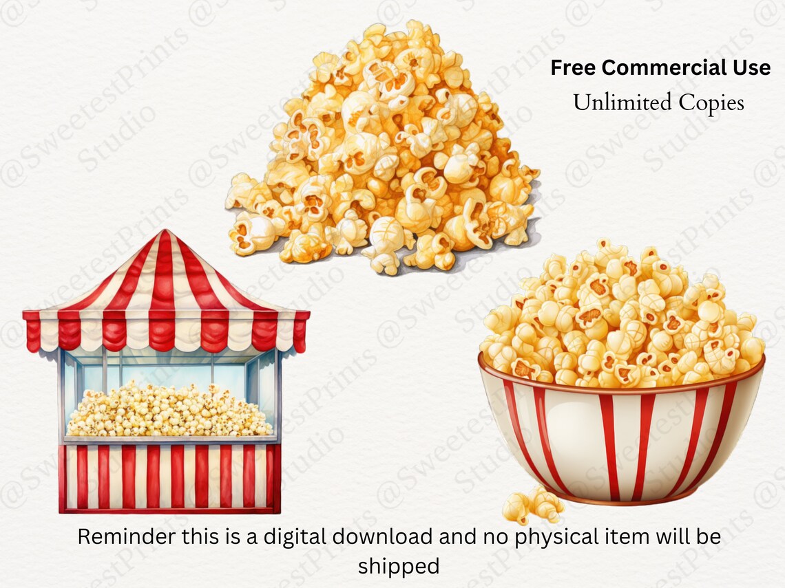 Watercolor Popcorn Digital Clipart, Movie Night Snacks Illustrations ...