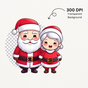 Single Christmas Santa and Mrs Claus Holiday Clipart, Kawaii Christmas ...