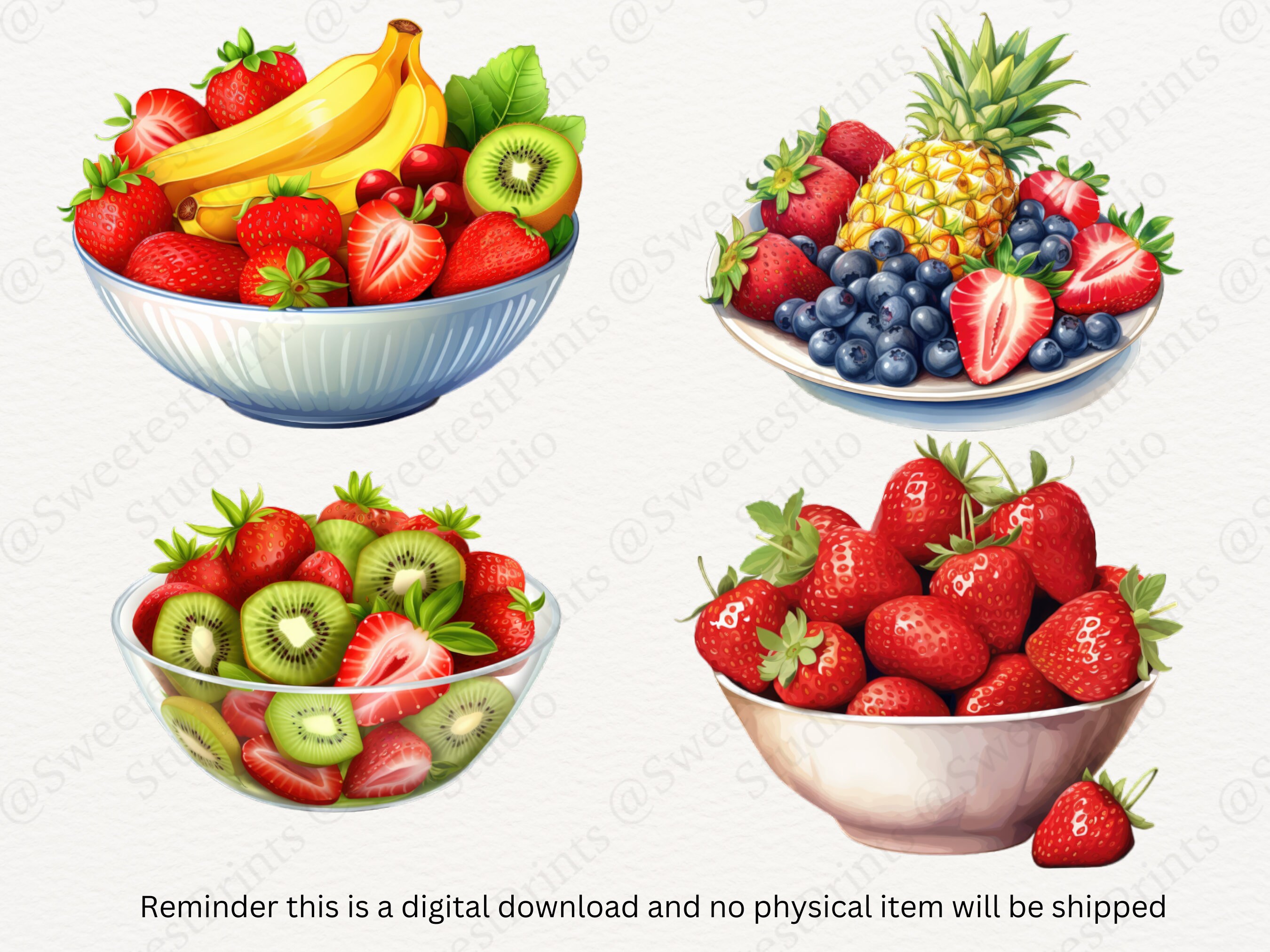 Watercolor Mixed Fruit Salad Clipart Bundle, Fresh Cut Summer Fruit ...