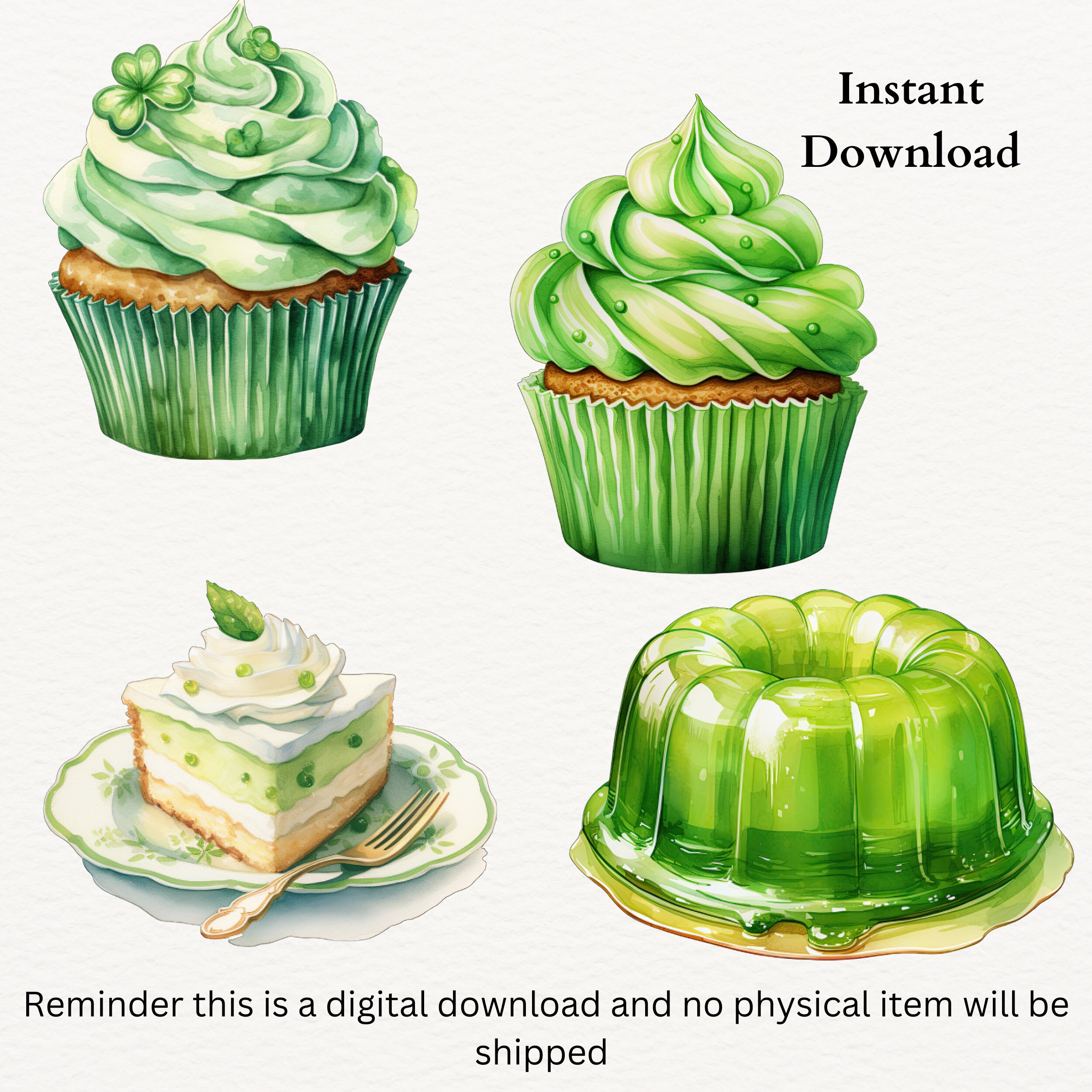 Green Dessert Watercolor Clipart Set, 25 Green St. Patrick's Day ...